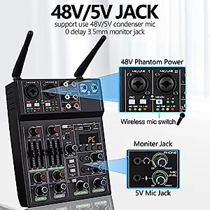 Professional Audio Mixer With Dual Wireless Microphone, Sound Board Console System Interface 4 Channel Dj Mixer USB Bluetooth MP3 Computer Input 48V Phantom Power, Suitable for DJ Karaoke PC Guitar