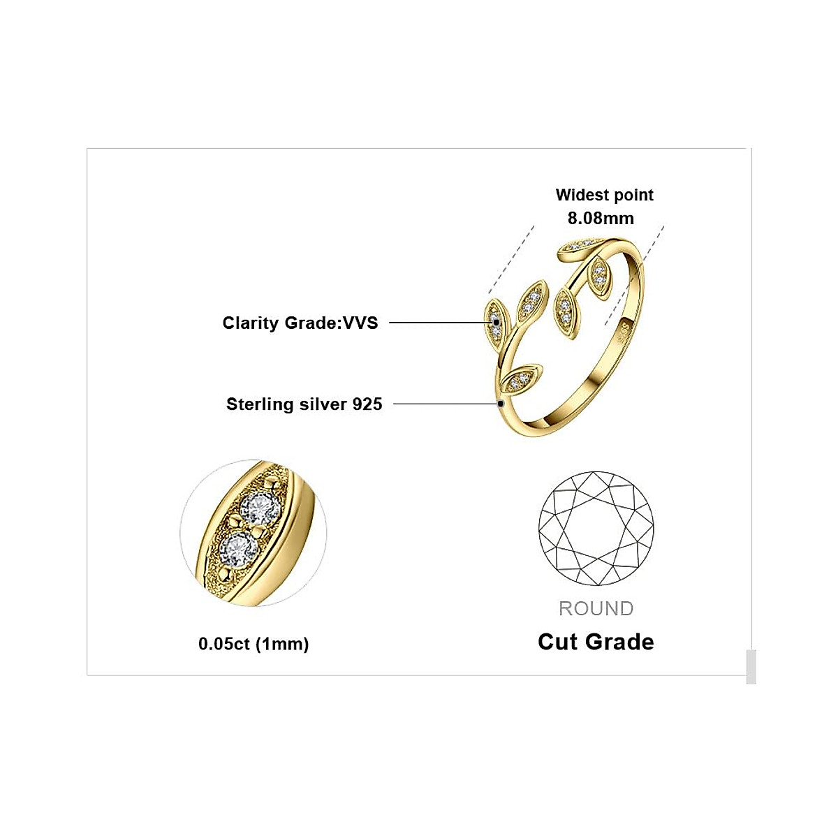 JewelryPalace Olive Leaf Cubic Zirconia Open Adjustable Rings, 14K Yellow Gold Plated 925 Sterling Silver Rings for Women, Simulated Diamond Cuff Finger Thumb Band Ring, Womens Jewelry Gifts