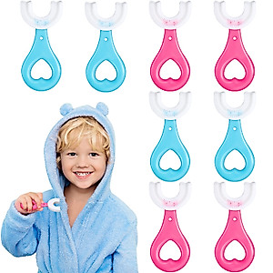 8 Pieces Kids U Shaped Toothbrush with Silicone Brush Head 360 Degrees Toothbrush Toddlers U-Type Toothbrush Whole Mouth Toothbrush Manual Children Toothbrush for Kids 1-6 Years Old, Pink and Blue