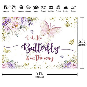 Aperturee 7x5ft Butterfly Baby Shower Backdrop A Little Butterfly is on The Way Photo Purple and Pink Floral Gold Spots Flowers Photography Background Princess Girl Party Decoration Banner Photo Booth