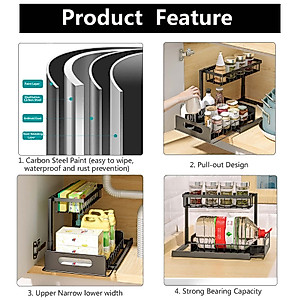 Under Sink Organizer Kitchen Storage L Shape Metal, 2 Tier Cabinet Bathroom Organizion with Pull Out Sliding Drawers, Multi-Use Countertop Storage Shelf, Under Rack for Kitchen, Office, Black