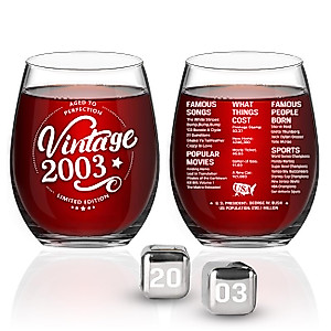 Greatingreat 2003 Old Time Information 21st Wine Glass for Women Men - 2003 Vintage 15 oz Stemless Wine Glass - 21 Year Old Birthday Party Decorations
