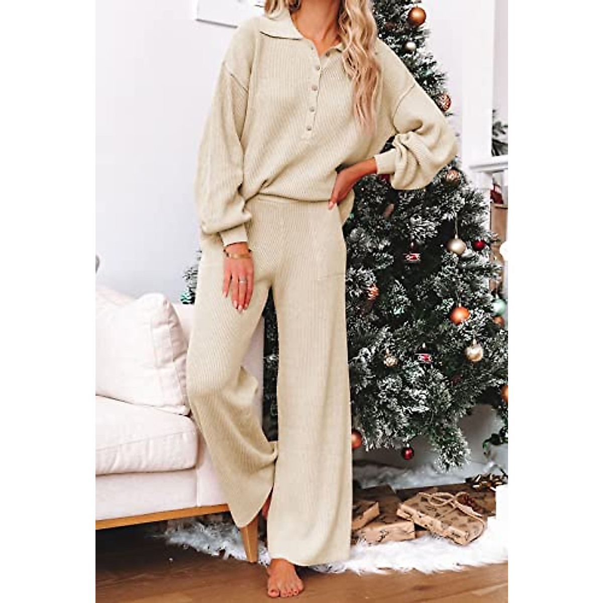 Pink Queen Women's 2 Piece Jogger Set Oversized Ribbed Knit Button Sweater Top Long Pants Tracksuit Pajama Set Beige XL