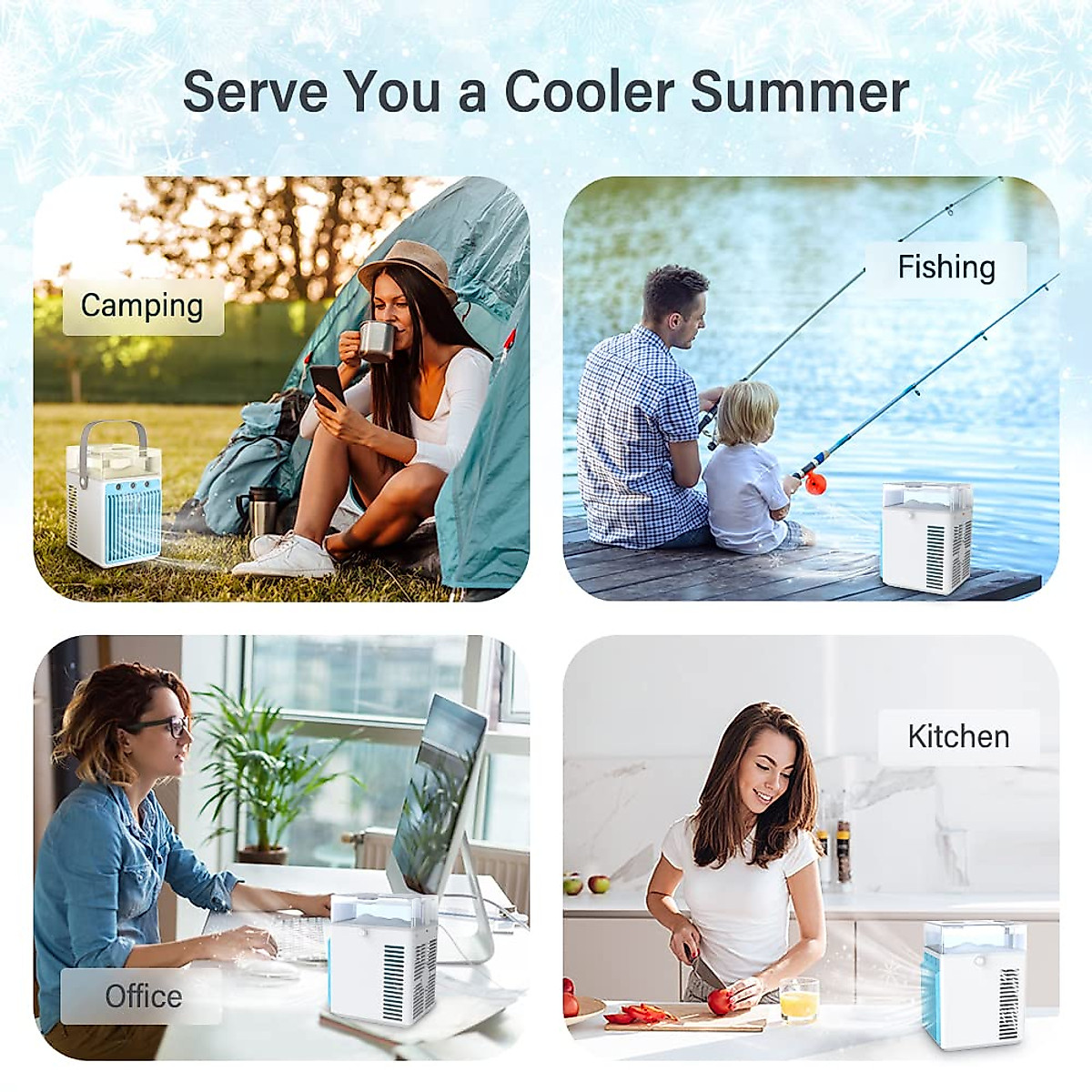 Thehomeuse Portable Air Conditioner Fan, 3in1 Personal Mini Cooler, Small Evaporative Cooler with LED Lights, Quiet Desktop Cooling Fan for Office, White