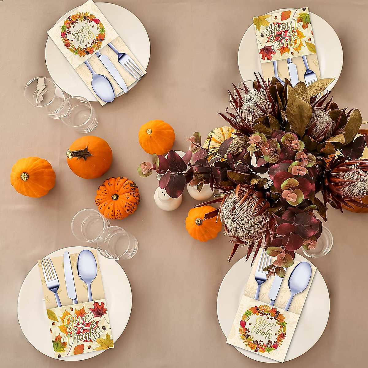 Thanksgiving Cutlery Holder Gold Foil with Give Thanks Maple Leaf design, Utensil Holder for Autumn Harvest Party Table Decorations, 24 pack, Mix 2 designs