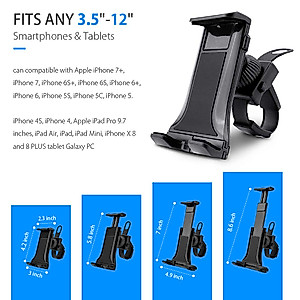 TEKCAM Bike Tablet Holder Handlebar Mount Compatible with iPad iPhone Kindle 360°, 3.5'' to 12'' Cradle Tablet Stand for Gym Exercise Tread Mill Spin Bike Elliptical MTB Motorcycle,(Need Install)