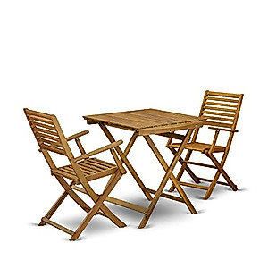 East West Furniture SEBS3CANA Selma 3 Piece Patio Bistro Outdoor Set Contains a Square Acacia Wood Coffee Table and 2 Folding Arm Chairs, 26x26 Inch, Natural Oil