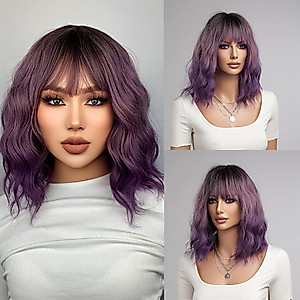 Haoland Purple Wig With Bangs for Women 14” Short Bob Wavy Wig Heat Resistant Colored Wigs Synthetic Wig for Daily Party Use Cosplay (Purple)