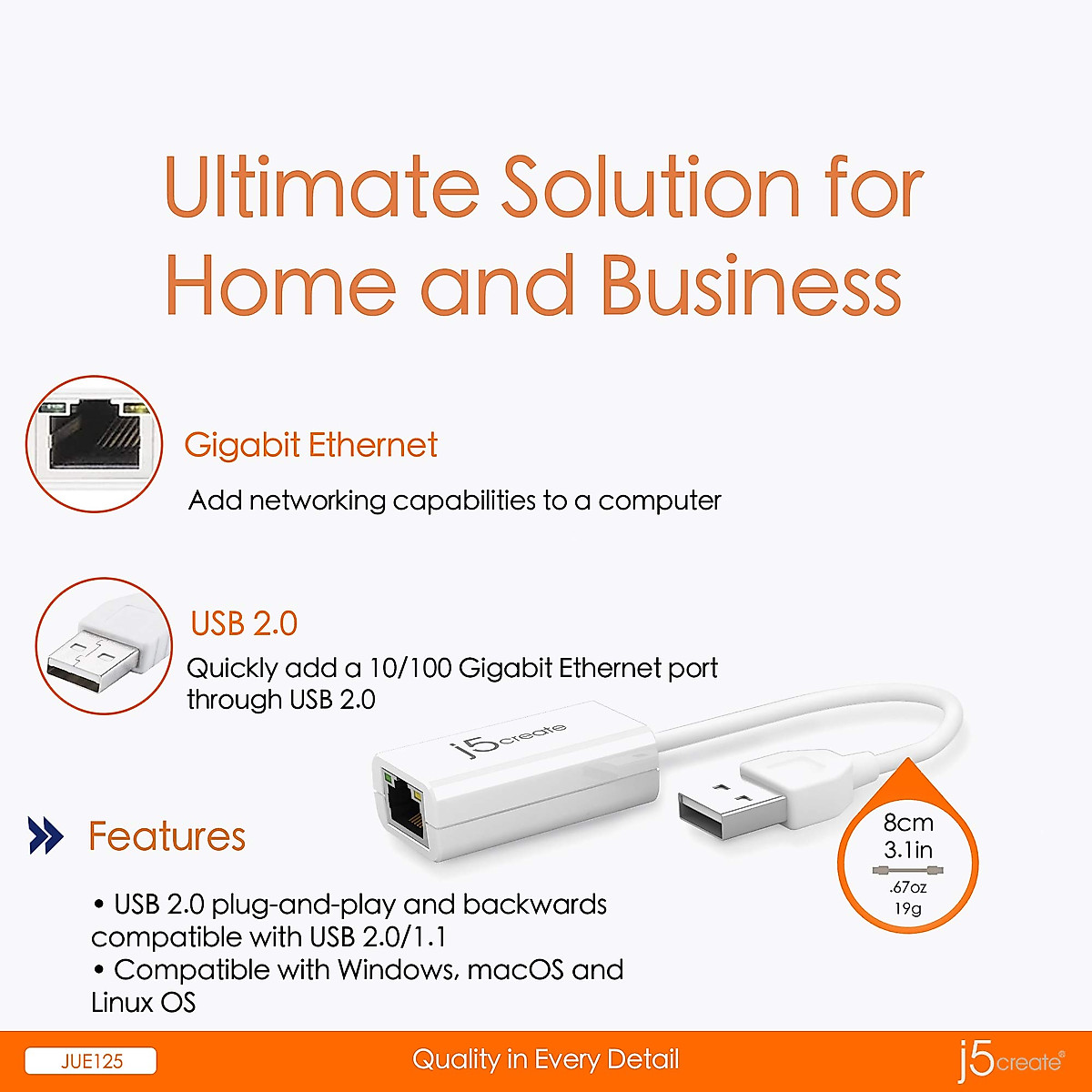j5create USB Type A 2.0 Ethernet Adapter, Compatible for Windows 11/10 / 8.1/7 and Chrome OS