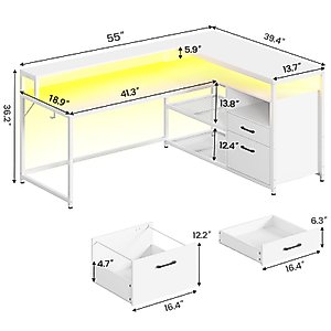 SEDETA White Computer Desk with Drawers, 55" Home Office Desk with File Drawer and Storage Shelves, L Shaped Gaming Desk with LED Lights and Monitor Shelf