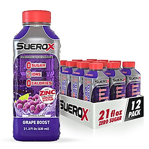 SueroX Zero Sugar Electrolyte Drink for Hydration and Recovery, Unique Blend of Electrolytes & 8 Ions, Zero Calorie Sports Drink, 21.3 Fl Oz, Grape Boost, 12 Count