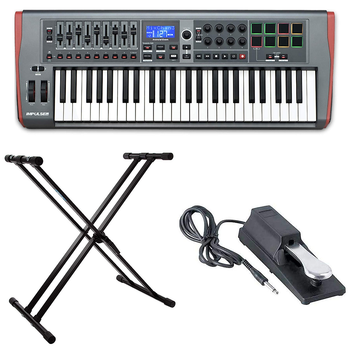 Novation AMS-IMPULSE-61 Impulse 61 Keyboard Bundle with Sustain Pedal and Adjustable Keyboard Stand (3 Items)