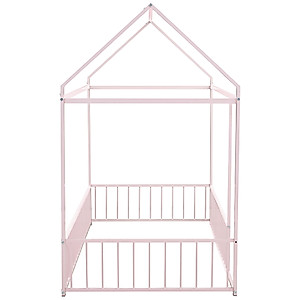 Aiuyesuo Playhouse Design Twin Size House Bed with Fence, Metal Montessori Floor Bed Frame with Roof for Toddler, Kids, Teens, Girls, Boys, No Box Spring Needed (Pink-T9)