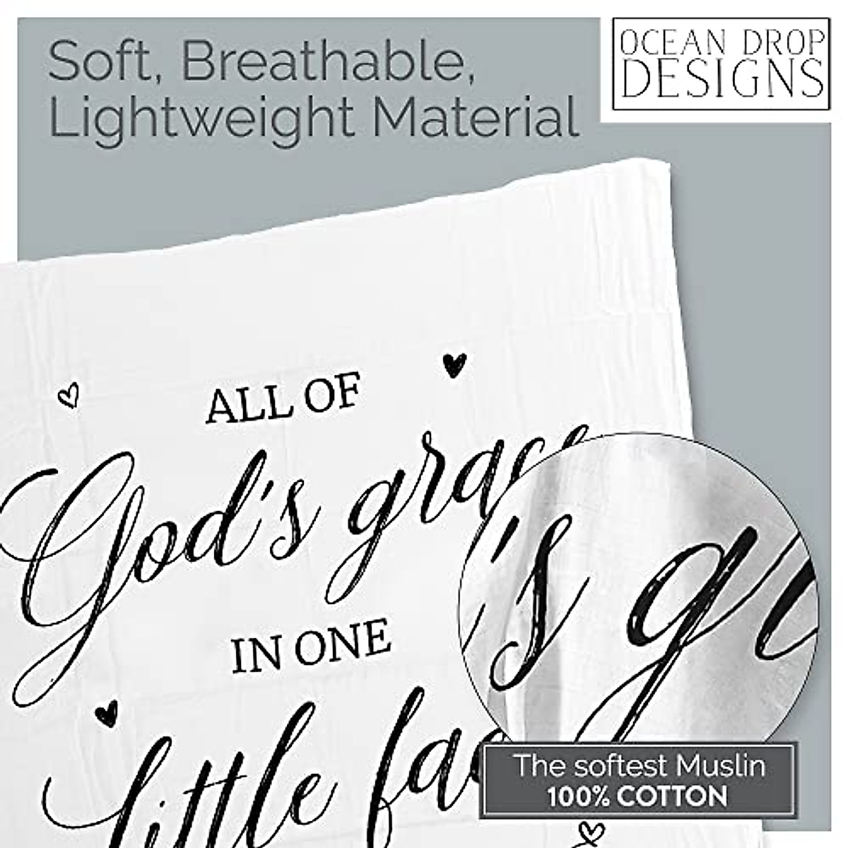 Ocean Drop 100% Cotton Muslin Swaddle Baby Blanket - God’s Grace’ Quote with Gift Box for Baptism, Christening Gift, Godson, Goddaughter, Neutral, Baby Shower – Super Soft, Breathable, Large 47x47”