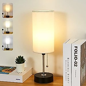 OUTIOE Bedside Table Lamps for Bedroom - Nightstand Lamp with Pull Chain and Bulb，Modern Small Desk Lamp with 3 Color Modes and White Round Fabric Shade for Kids Room, Bedroom Decor.