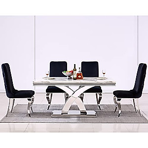 AZhome Dining Chairs, Black Velvet Upholstered Dining Room Chairs in Buttons Tufted Backrest, High Back Heavy Duty Dining Chair with Silver Mirrored Stainless Steel Legs, Set of 6