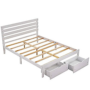 LCH Queen Size Murphy Bed with Storage Drawer and Little Shelves on Each Side, Solid Wood Queen Platform Bed Frame for Kids Teens Adults, No Box Spring Needed (White)