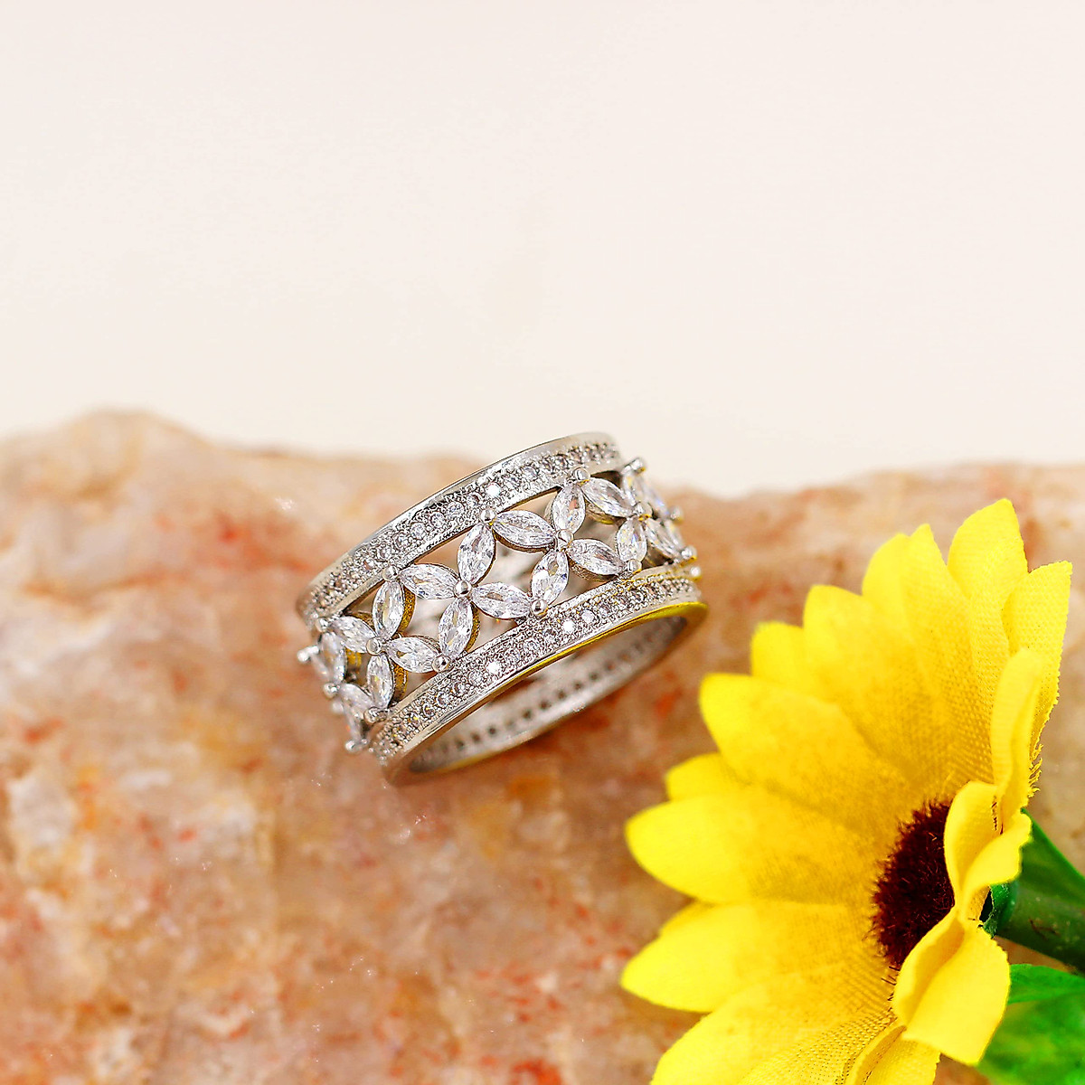 Uloveido Marquise Cut CZ Butterfly Ring for Women, Wide Wedding Band Statement Rings Engagement Anniversary Y1209 (size 10)