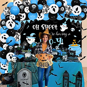 JOYMEMO Halloween Baby Shower Decorations Blue - Oh Sheet We're Having a Boo-y Backdrop, Halloween Balloon Garland Arch Kit with 3D Bat Stickers for Pregnancy Celebration Gender Reveal Party Supplies