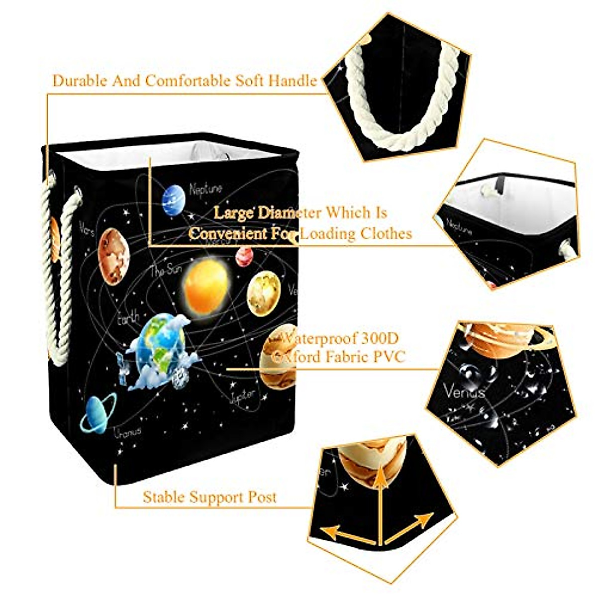 DEYYA Solar System Planet Laundry Baskets Hamper Tall Sturdy Foldable for Adult Kids Teen Boys Girls in Bedrooms Bathroom 19.3x11.8x15.9 in/49x30x40.5 cm