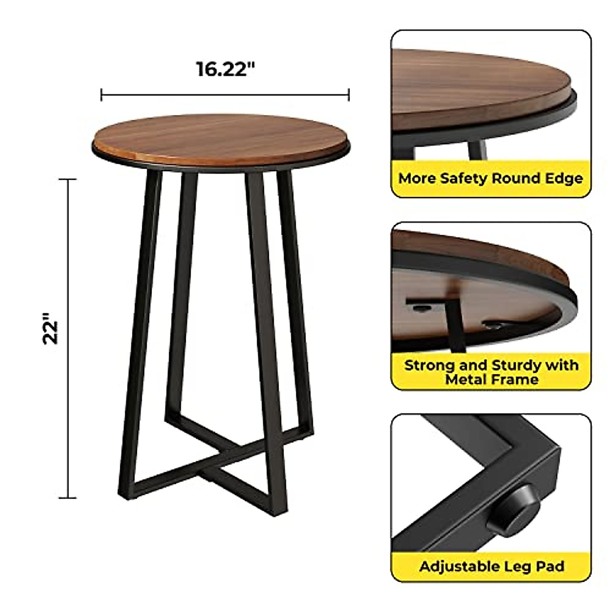 Dorriss Round Small End Table Walnut Color MDF Top,Metal Frame Black, Tall End Table for Bed Room,Coffee Tea End Table for Living Room(Walnut+Black)
