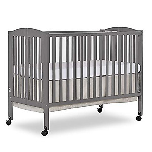 Dream On Me Full Size 2-in-1 Folding Stationary Side Crib in Steel Grey, Locking Wheels, Folds Flat for Storage, Comes with Teething Guard, Non-Toxic Finish