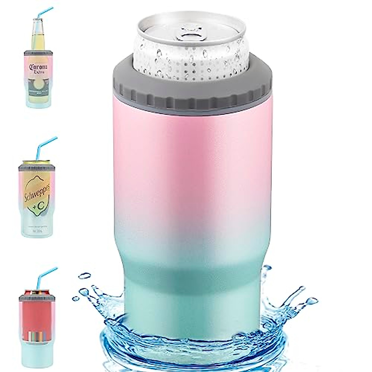 4 in 1 Can Cooler Water Bottle, 12oz Stainless Steel Beer Bottle with Straw Fits Slim Skinny Bottle & Can, Non-Slip | Pink
