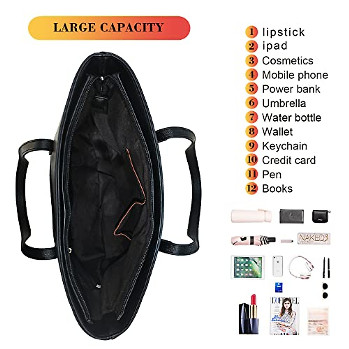 Satchel Bags for Women Fashion Handbag Leather Shoulder Bag Large Capacity Black Work Bag 2 PCS Set (Mouth)