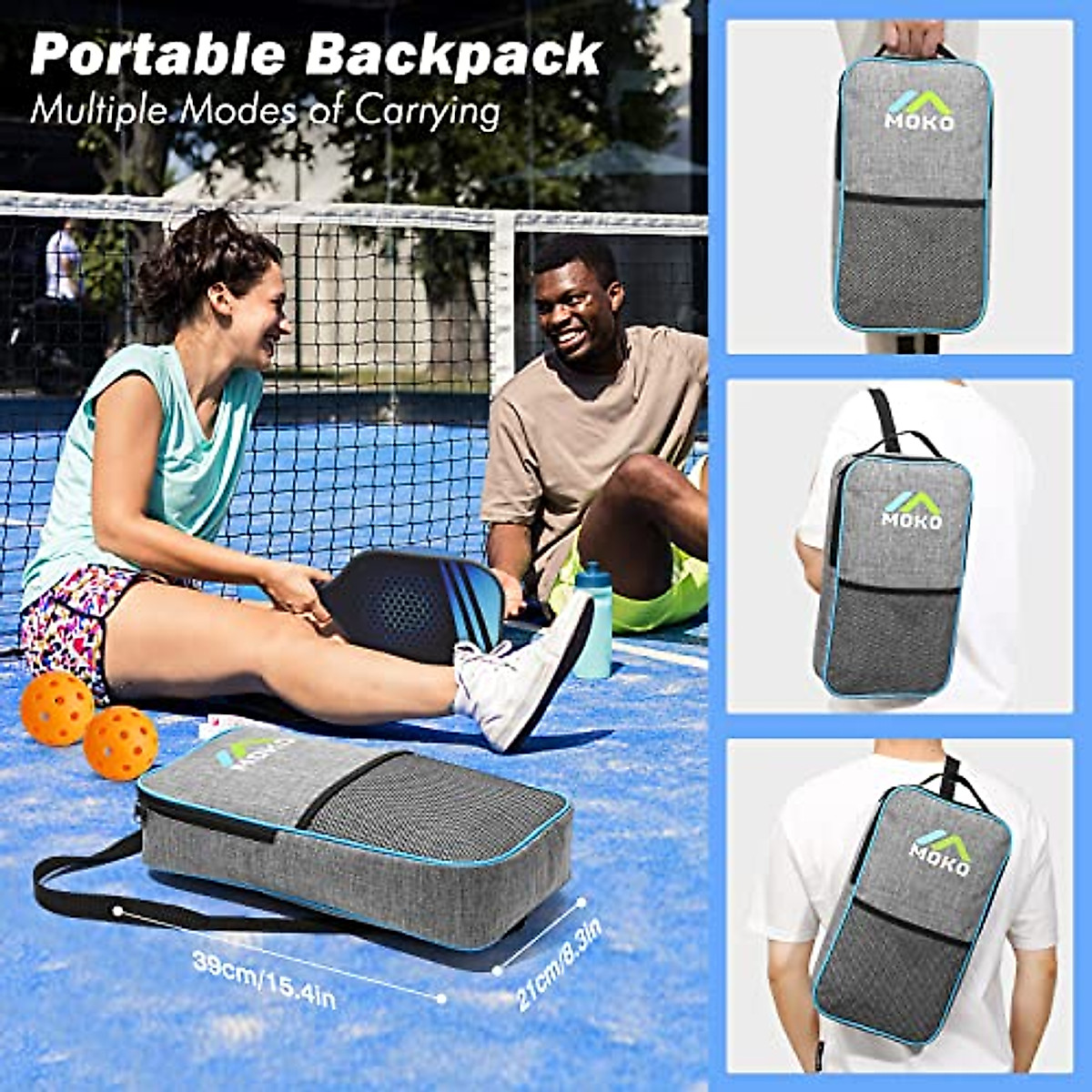 MoKo Pickleball Paddles Set of 4, Fiberglass Surface Raquette Set Honeycomb Core with 4 ballls+2 Ball Retriever+4 Replacement Soft Grip+1 Bag, Gift for Kids Men Women, Blue+Purple