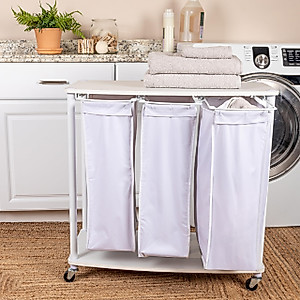 Household Essentials 3-Bag Laundry Sorter, Smooth Laminate Shelving, Sturdy Steel Frame, Wheeling and Stationary Feet Options, Washable Linen Laundry Bags, 3-Load Capacity, Versatile, White
