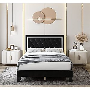 Queen Bed Frame, Diamond Tufted Upholstered Platform Bed Frame with Adjustable Headboard, Mattress Foundation with Wooden Slat Support, No Box Spring Needed, Easy Assembly (Queen, Black)