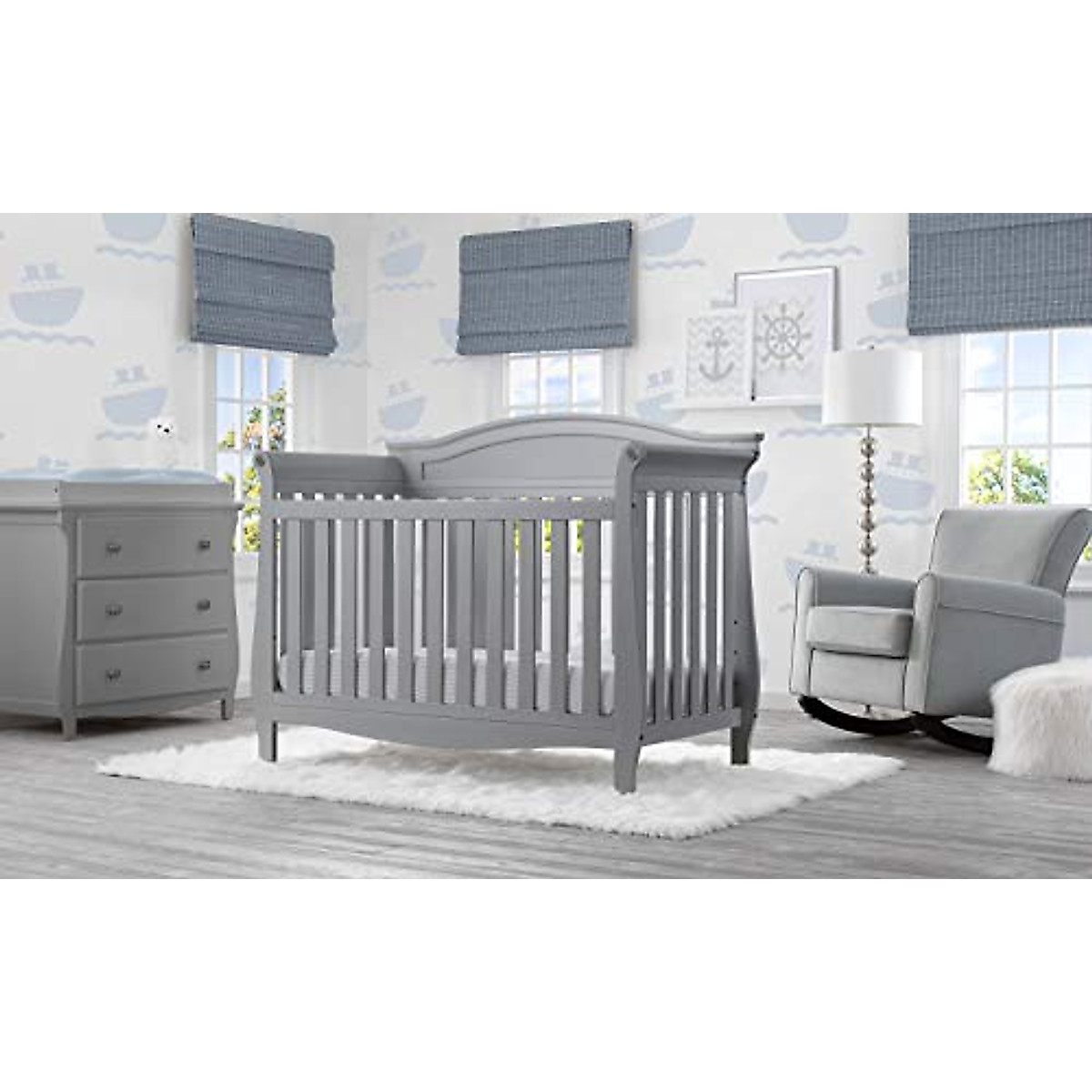 Delta Children Lancaster 4-in-1 Convertible Baby Crib & Twinkle Stars Waterproof Fiber Core Crib and Toddler Mattress, Grey