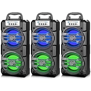 Technical Pro (QTY 3) Rechargeable LED Bluetooth Speaker with USB, SD card, FM Radio, Perfect Travel Comfortable Portable Speaker with Carry handle, 2 Dual 4" (10.2cm) Subwoofers