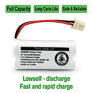 Battery BT162342 / BT262342 BT183342/BT283342 BT166342/BT266342 2.4v 800Mah Battery Pack for VTech CS6114 CS6419 CS6719 AT&T EL52300 CL80112 VTech CS6719-2 Cordless Handsets (Pack 4)