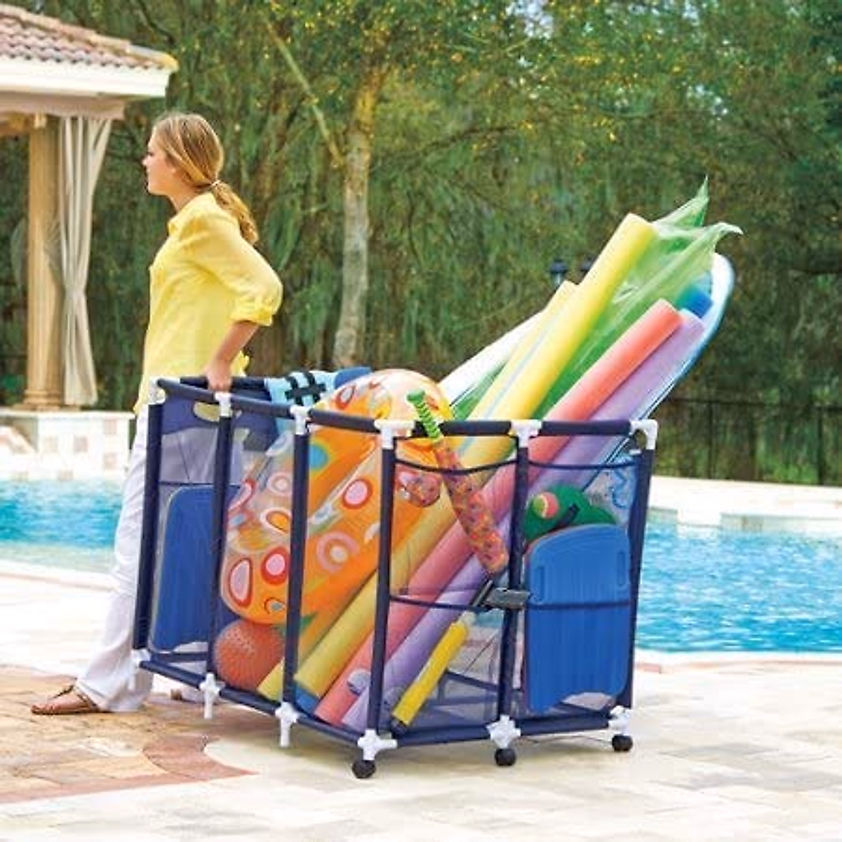 TisYourSeason Rolling Pool Toy Storage Cart Bin - XX-Large | Perfect Contemporary Nylon Mesh Basket Organizer For Your Goggles, Beach Balls, Floats, Swim Toys & Accessories