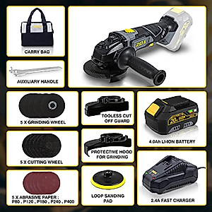 RIDA Cordless Angle Grinder Kit 20V 4 1/2 Inch 10000RPM 6 Speed Options 4.0Ah Battery & Fast Charger, Adjustable Handle Grinder for Cutting and Grinding Stone and Metal with 22Pcs Accessories