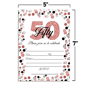 Amanda Creation Confetti Rose Gold Polka Dot 50th Birthday Party Invitations, 20 5x7 Fill-In Cards with Twenty White Envelopes