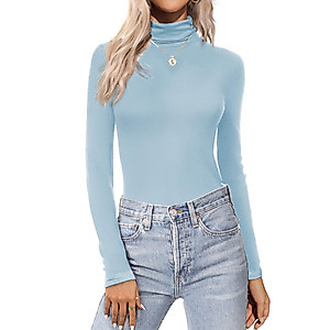 Ekouaer Women's Turtleneck Long Sleeve Shirts Lightweight Base Layer Solid Slim Fit Tops Light Blue M