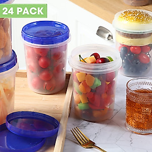 24 Pcs 32 oz Freezer Containers for Food with Twist Top Lids Reusable Plastic Soup Food Containers with Screw on Lids Leakproof Round Containers for Juice Condiments Fruit Snacks Leftovers (Blue)