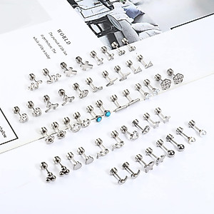 Sanfenly 24 Pairs Stainless Steel Stud Earrings Set for Women Men 20G Tiny Cartlidge Earrings Stud Geometric Star Triangle Moon Heart Snake Butterfly Ball CZ Turquoise Small