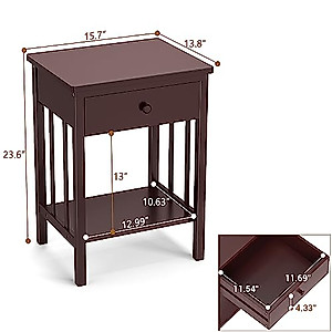 Homykic Nightstands Set of 2, Bamboo Solid Wood Bedside Table Night Stand with Drawer and Storage Shelf, Accent End Table Side Table for Bedroom, Living Room, Space Saving, Easy Assembly, Espresso