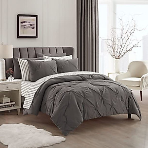 SHARPER IMAGE 9-Piece Grey Down Alternative Pintuck Bed in a Bag Set, Queen