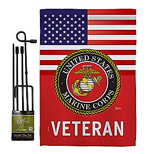 US Marine Corps Veteran Garden Flag - Set with Stand Armed Forces USMC Semper Fi United State American Military Retire Official - House Banner Small Yard Gift Double-Sided Made in USA 13 X 18.5