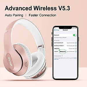 Glynzak Wireless Bluetooth Headphones Over Ear 65H Playtime HiFi Stereo Headset with Microphone and 6EQ Modes Foldable Bluetooth V5.3 Headphones for Travel Smartphone Computer Laptop Rose Gold