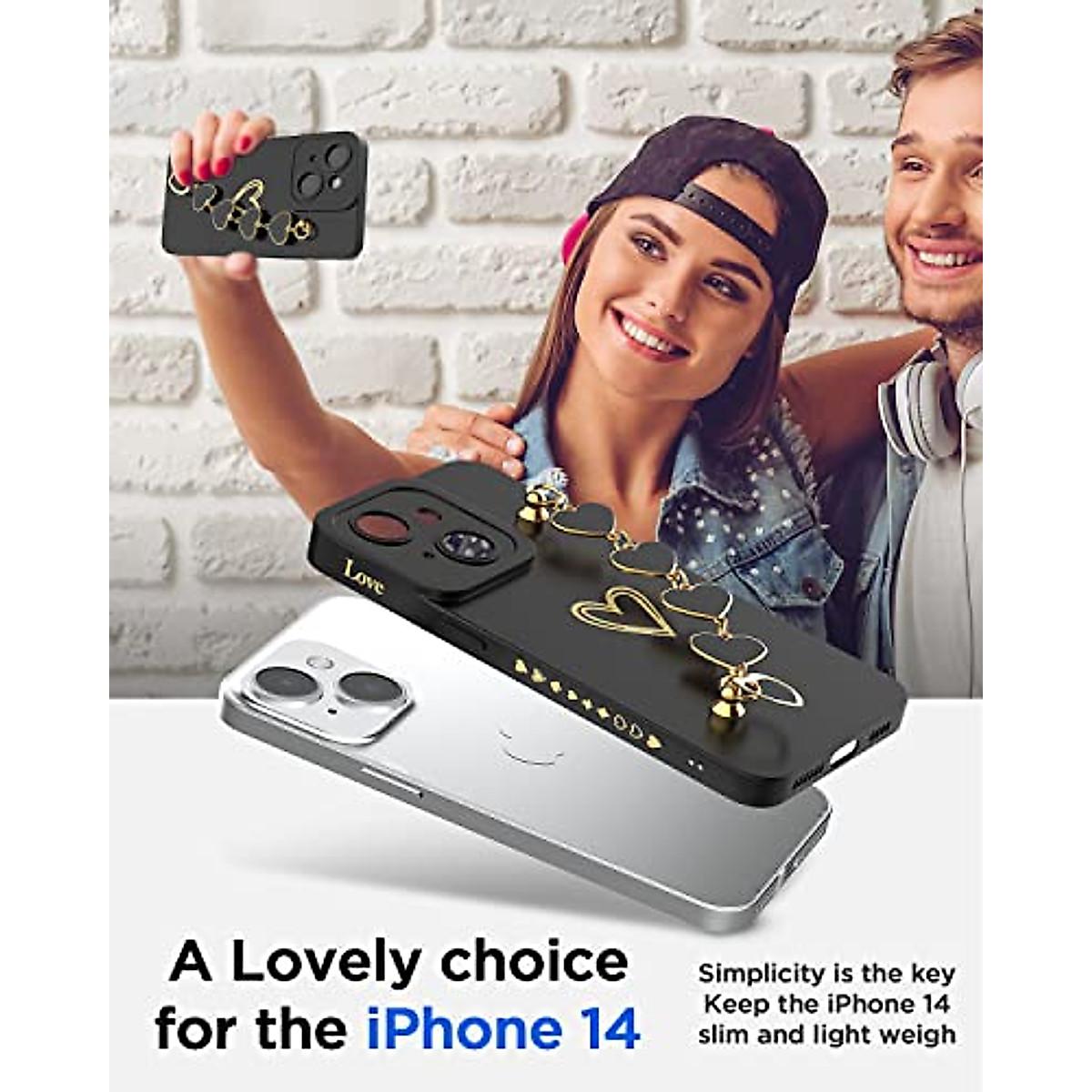 AICase iPhone 14 Case for Women with Full Camera Lens Protection and Hand Strip Loop, Silicone Heart Girly Cute Side Soft Slim Shockproof Protective Cover for iPhone 14 6.1 inch-1