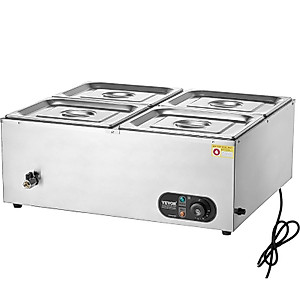 VEVOR 110V 4-Pan Commercial Food Warmer, 1200W Electric Steam Table 15cm/6inch Deep, Professional Stainless Steel Buffet Bain Marie 48 Quart for Catering and Restaurants