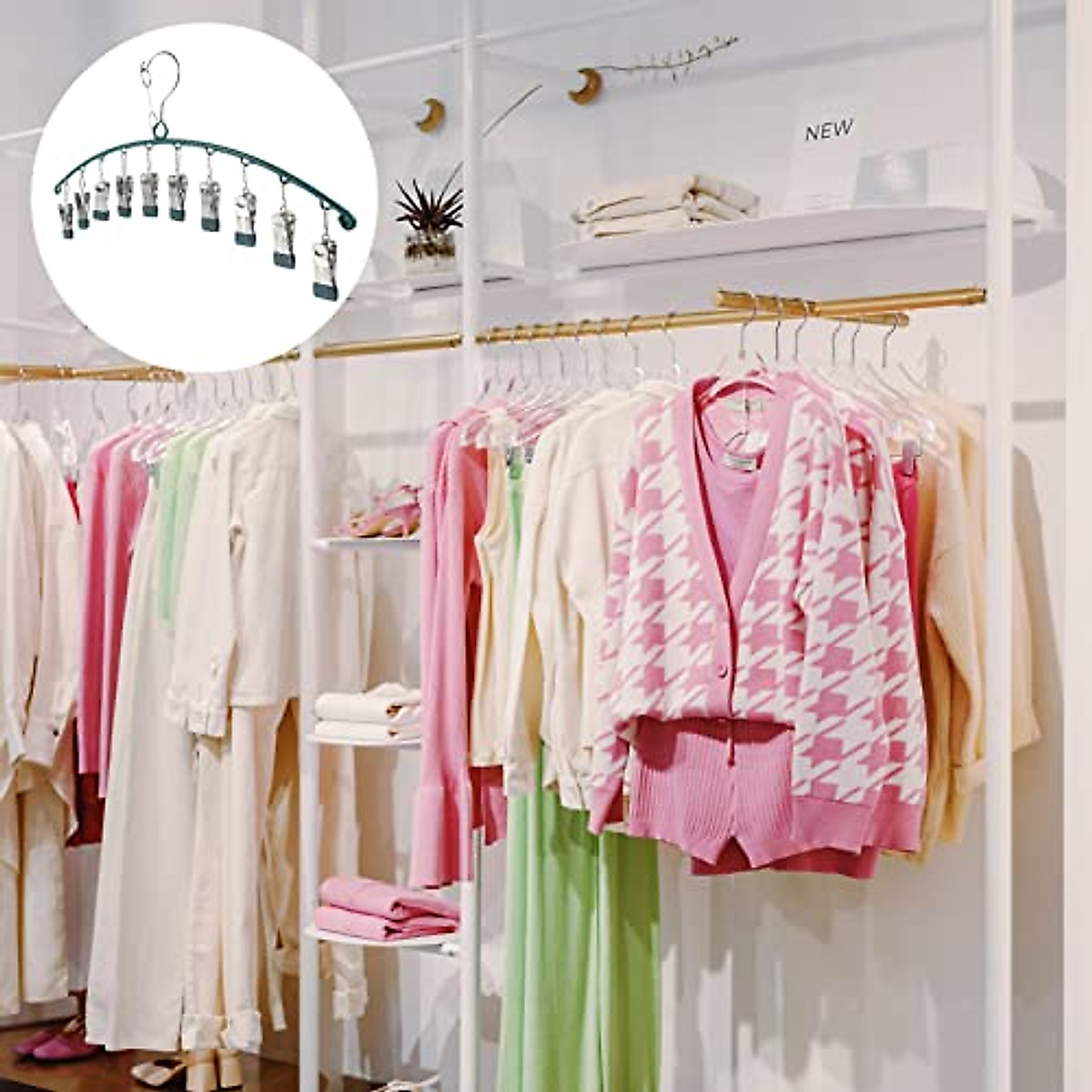 Kichvoe Hat Hangers for Closet Stainless Steel Sock Drying Rack Windproof Clothes Hanger with 10 Clips Space Saving Laundry Drying Rack for Socks Towels Hats Bras Underwear Grey