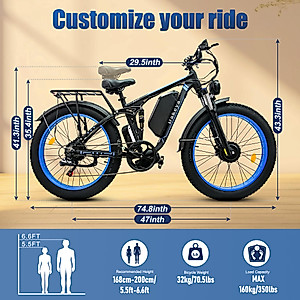 Dakeya Electric Bike for Adults, Ebikes Dual Motor, 2000w Fat Tire Ebike 35mph Dual Motor Electric Bike with Removable 48v, All Terrain Ebikes for Adults, Full Suspension 26" Awd E Bike 22.4ah Battery