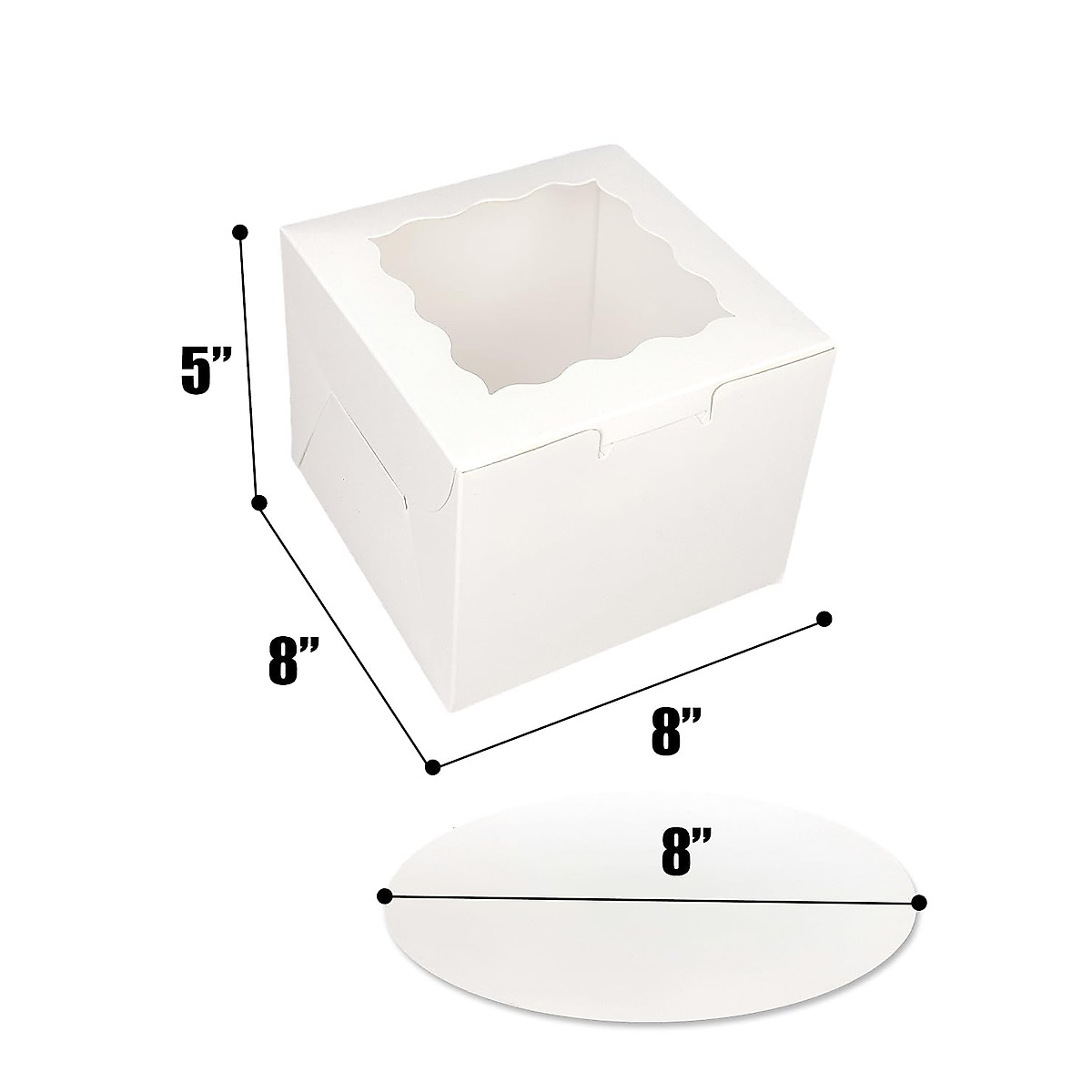 Bakepacker 36pcs 8x8x5 Inches Cake Boxes with Window 8 Inch Bakery Boxes 18-Packs White Cake Boxes (18 Cake boxes +18 Cake Boards+10 Meters Silk Ribbon Includes)