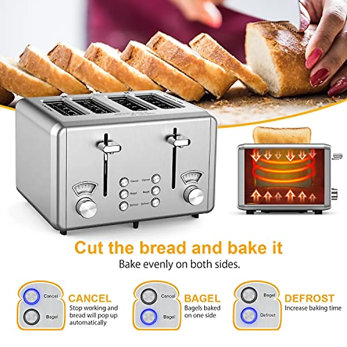 4 Slice Toaster,whall Stainless Steel,Toaster-6 Bread Shade Settings,Bagel/Defrost/Cancel Function with Dual Control Panels,Extra Wide Slots,Removable Crumb Tray,for Various Bread Types 1500W